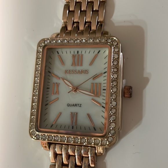 Kessaris | Accessories | Kessaris Pearlized Dial Gold Tone Crystal Accent Rectangle Case Link ...